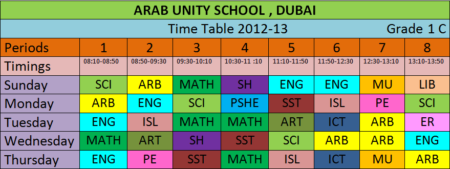 Arab Unity School | Grade 1: Time Table