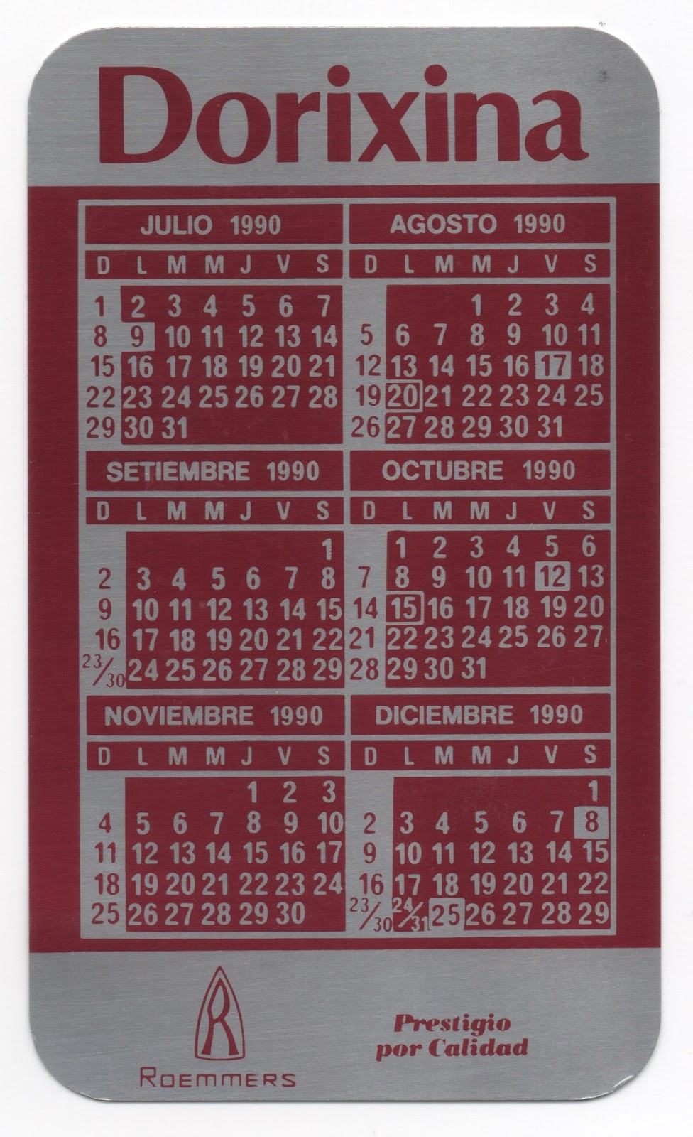Calendarios de bolsillo: Calendario de 1990