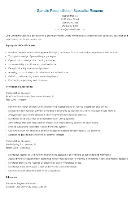 Resume Samples: Sample Reconciliation Specialist Resume