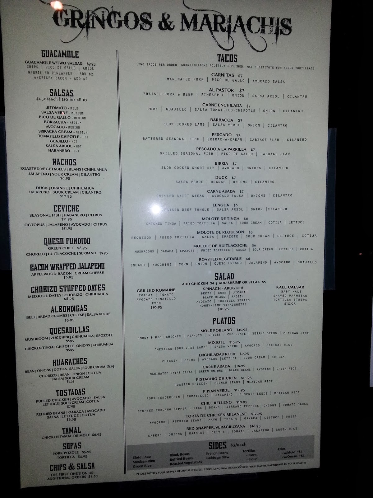 Robert Dyer @ Bethesda Row: GRINGOS AND MARIACHIS MENU (PHOTO) - NEW ...