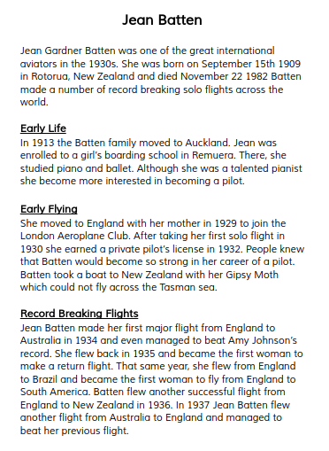 Angari : Jean Batten Information Report - Inquiry