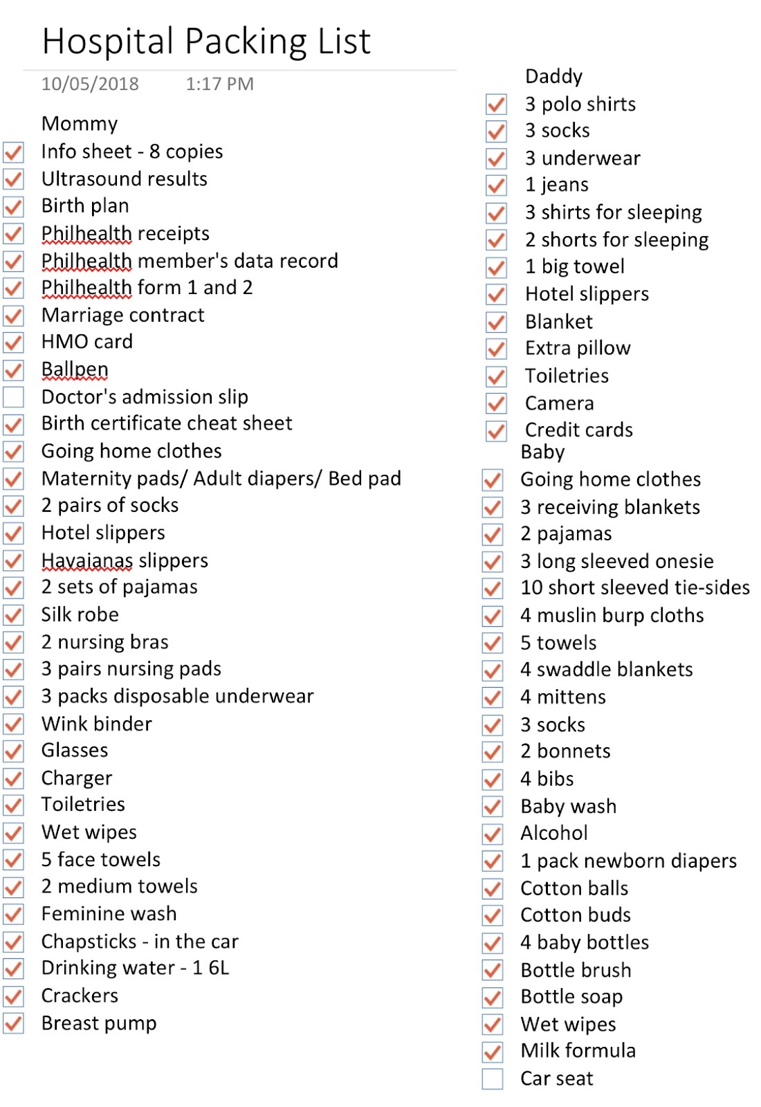 Hospital Packing List