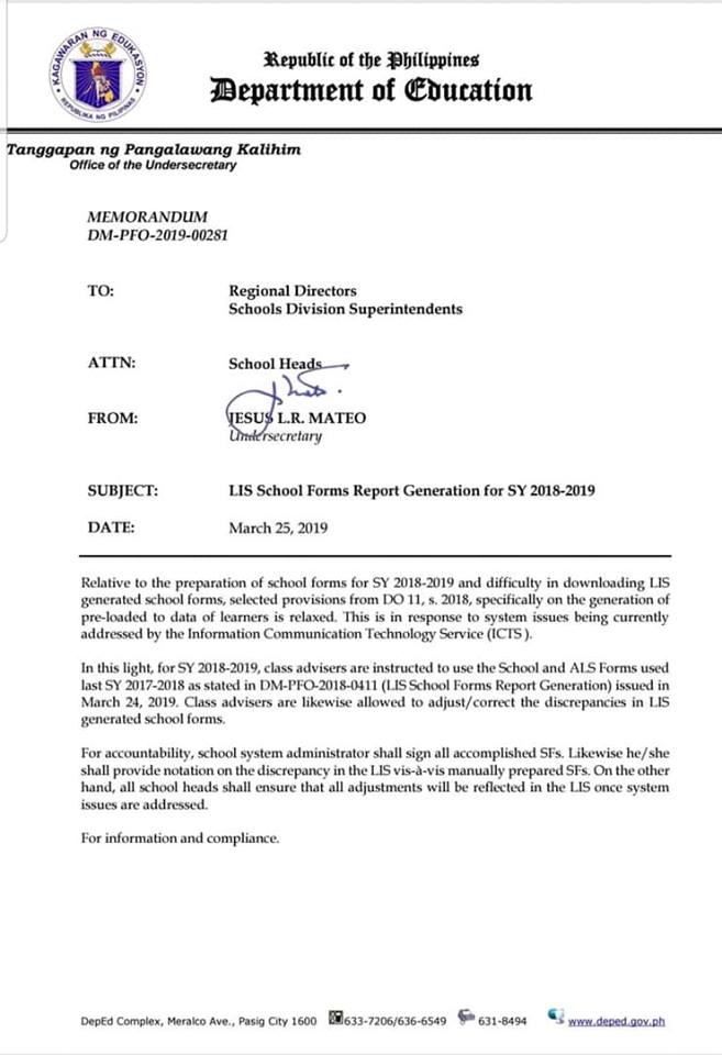 DepEd's instruction on manual preparation of School Forms due to LIS ...