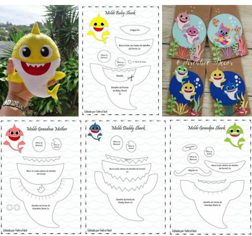 Molde Família Baby Shark em feltro - Feltro e moldes para artesanato
