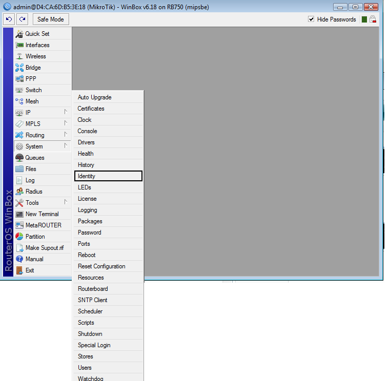 5. Lalu akan muncul kotak identity bertuliskan MikroTik, Jika anda ...