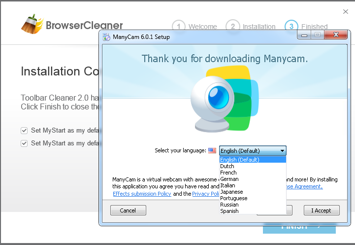 تنبيه من التطبيق لتثبيت برنامج Toolbar Cleaner v1.0 يثبت ManyCam ولا يوجد اللغه العربيه من ...