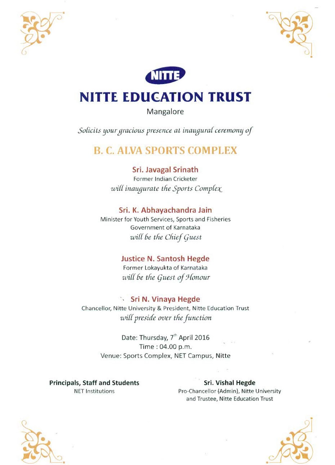 Nitte: Inaugural ceremony of B.C. Alva Sports Complex - Nitte Campus