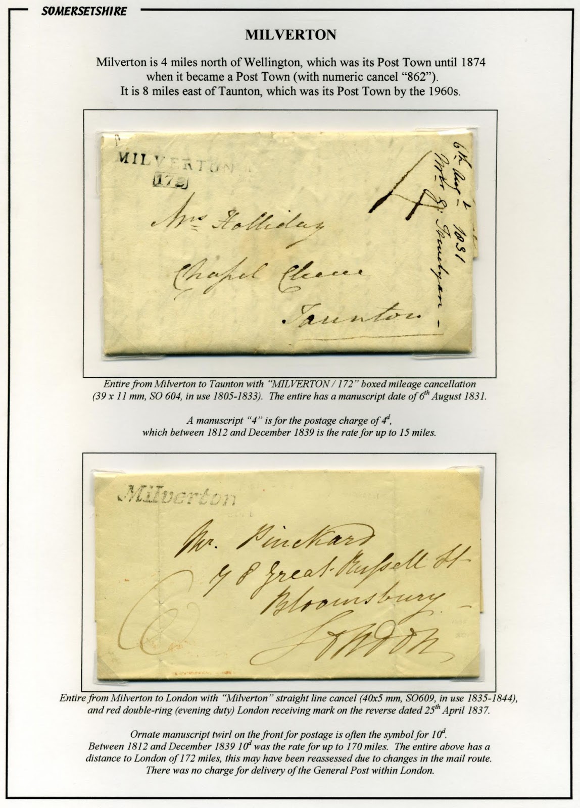 Somerset (& Bristol) Postal History: Boxed Mileage Marks - "MILVERTON ...