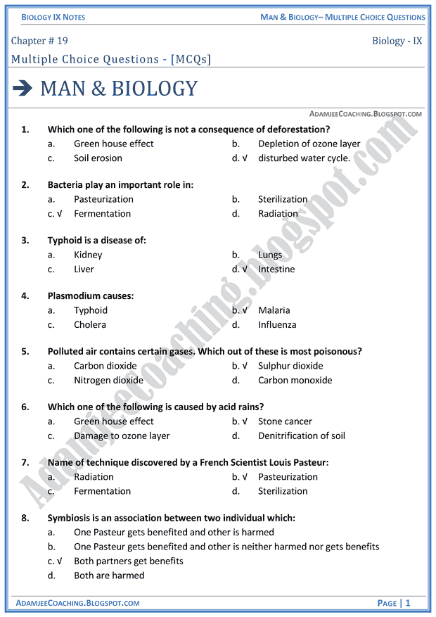 Adamjee Coaching: Man and Biology - MCQs - Biology Notes for Class 9th