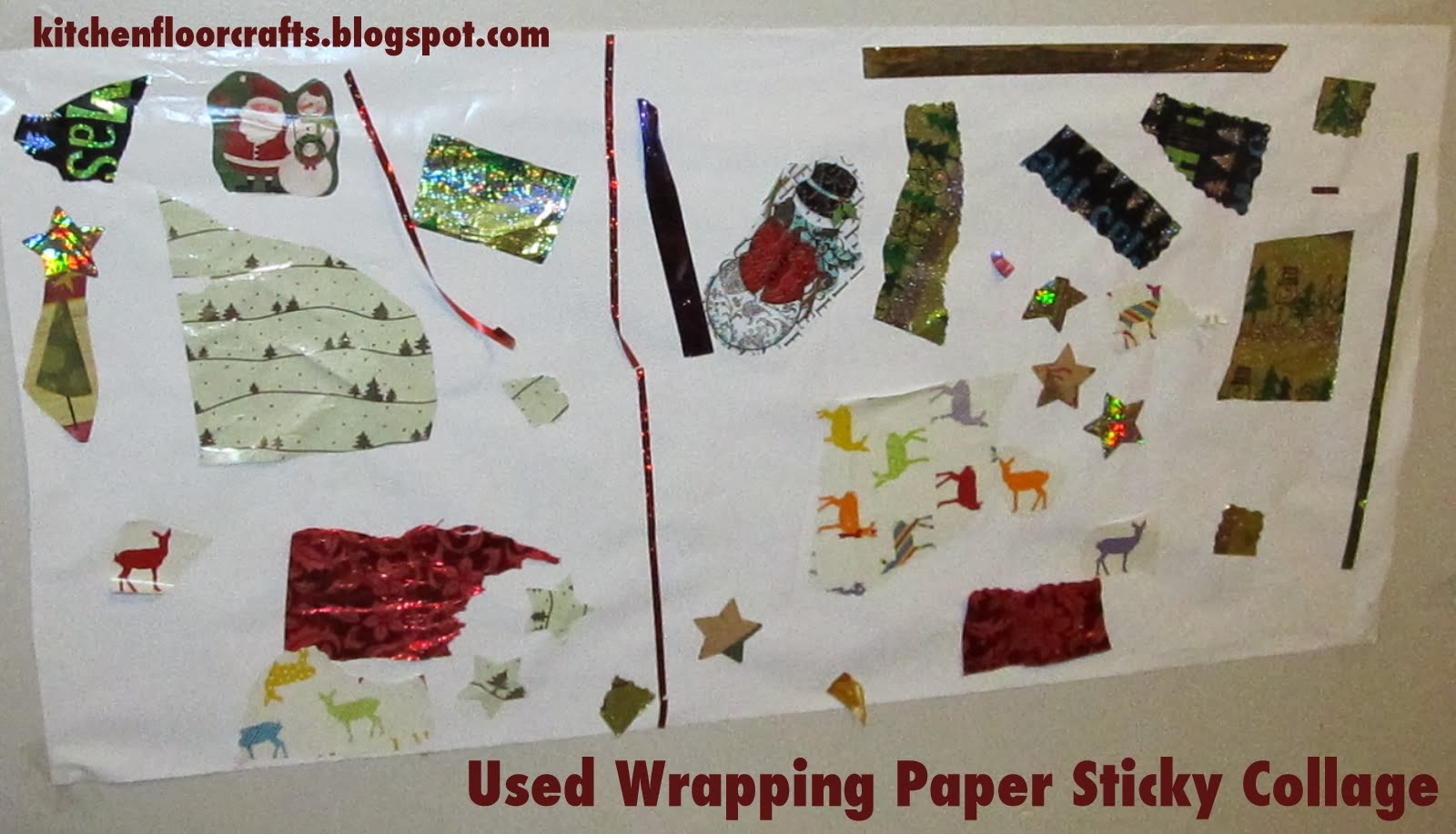 Kitchen Floor Crafts: Used Wrapping Paper Sticky Collage