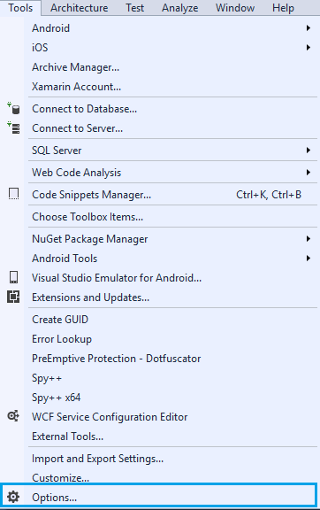 To configure o pen your Visual Studio. Go to Tools > Options