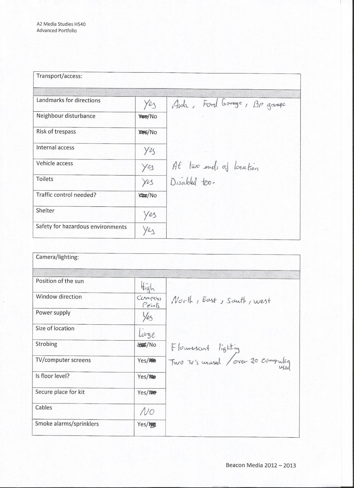 Pre-Production - Recce Checklist ~ Joe Cross A2 Media Studies
