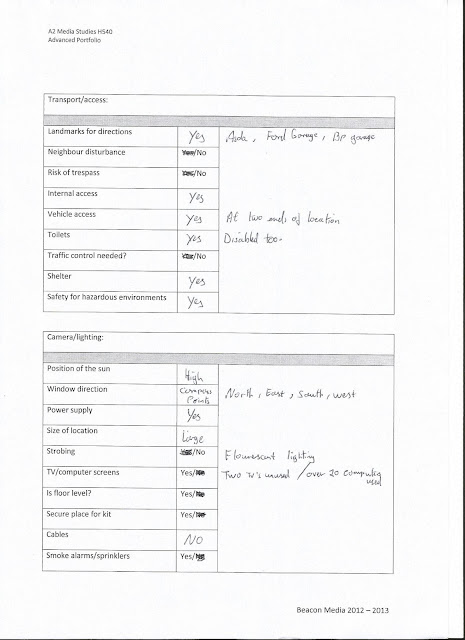 Pre-Production - Recce Checklist ~ Joe Cross A2 Media Studies