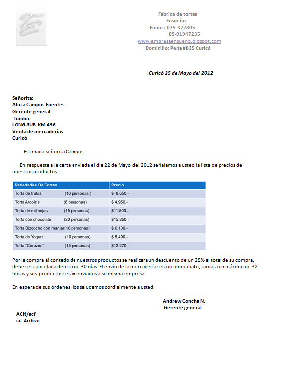 Redacción y aplicación xD: Carta de cotización