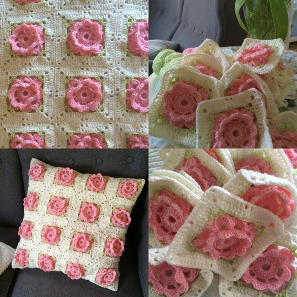 Kaffetantens Handarbete : Virkad Ruta med upphöjd Blomma.