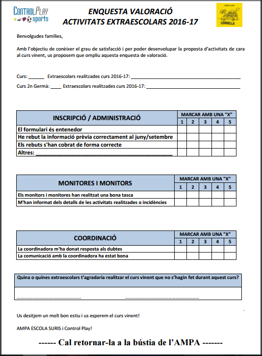 AMPA ESCOLA SURIS: Enquesta Extraescolars