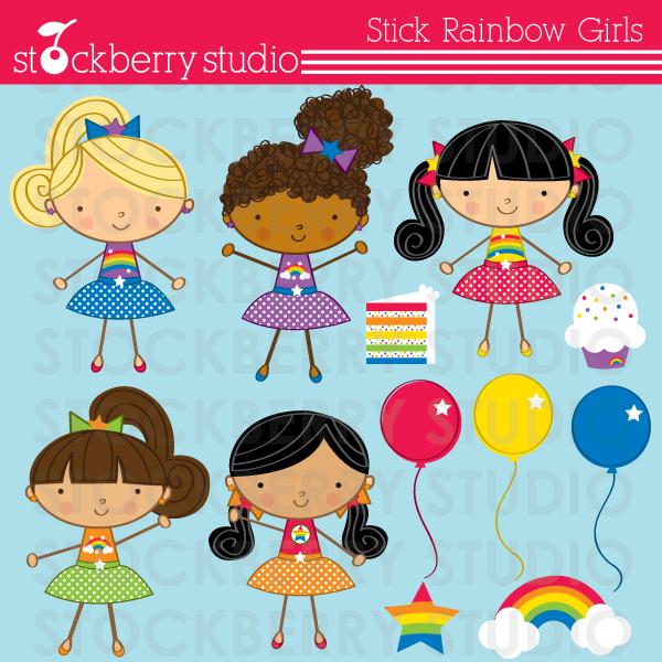 Stockberry Studio: Stick Figure Rainbow Girls Clipart Set