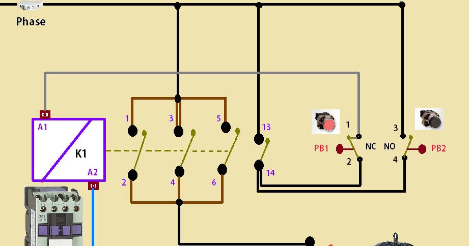 Esquemas eléctricos: Relé contactor con pulsador control on off