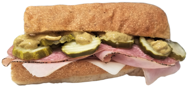 Swiss cheese, ham, proscuittini and salami topped with pickles and ...