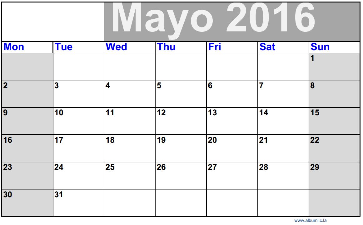 calendario blanco mayo 2016 para imprimir gratis | 2016 Blank Calendar ...