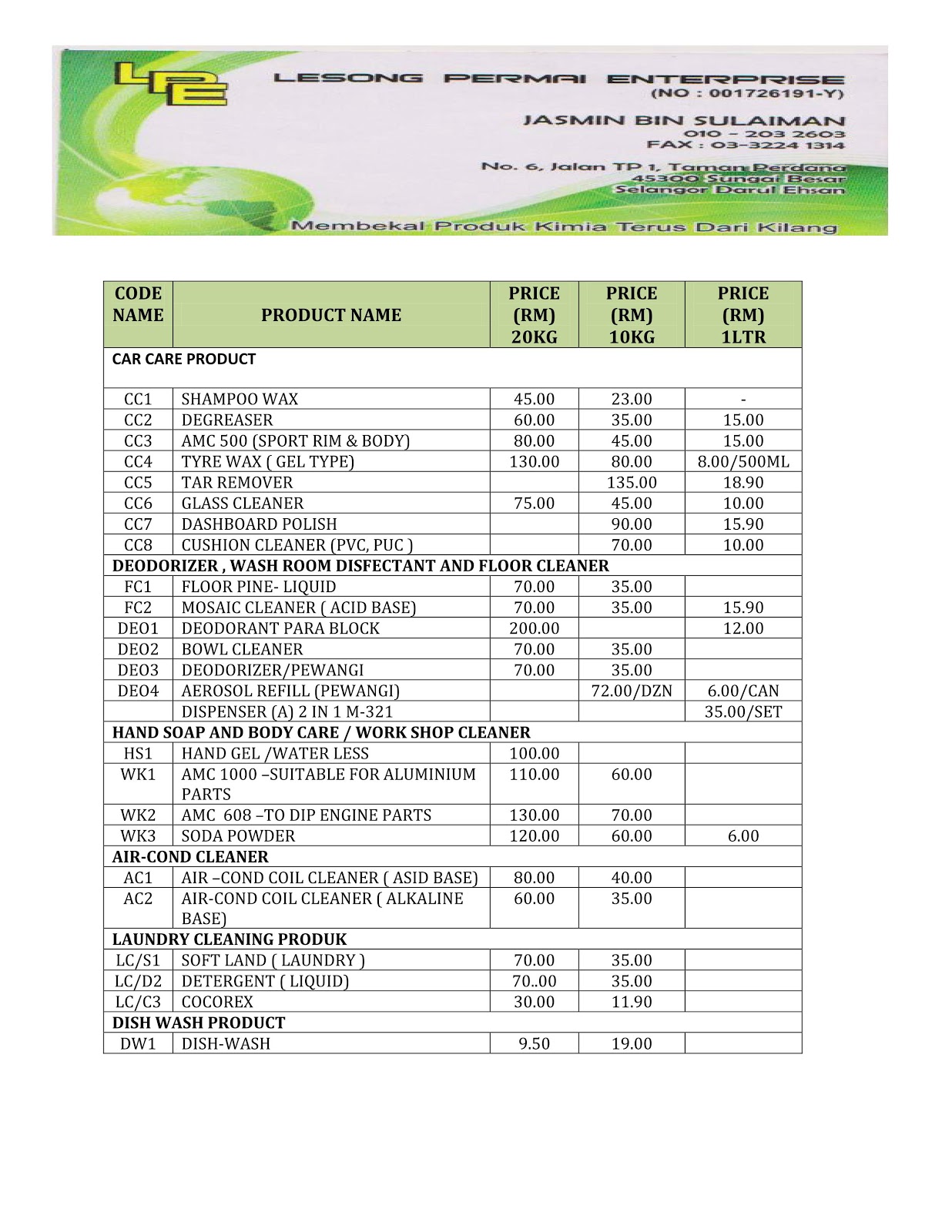 Lesong Permai Enterprise: Senarai Harga Barang