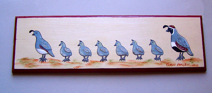 Karen's Hand Painted goods: Quail rock and Quail family.