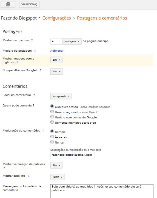 Configurar os Comentários - Fazendo Blogspot