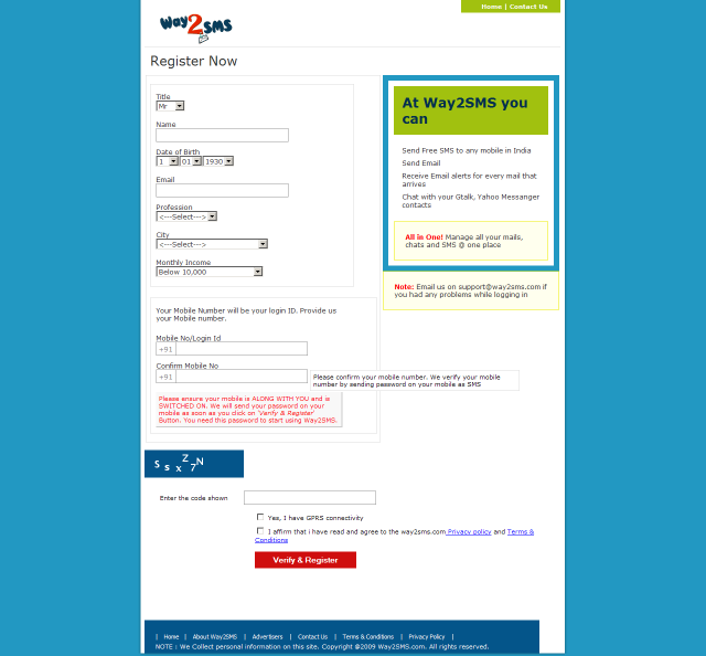 Way2sms Register: Way2sms Register