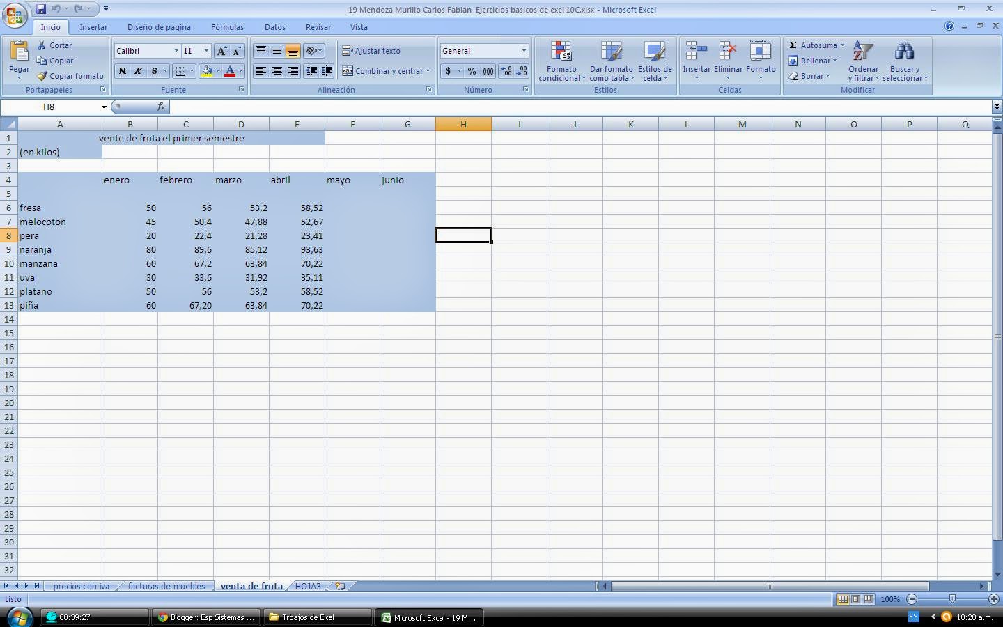 Esp Sistemas Carlos Mendoza 10C: Ejercicios básicos de Excel