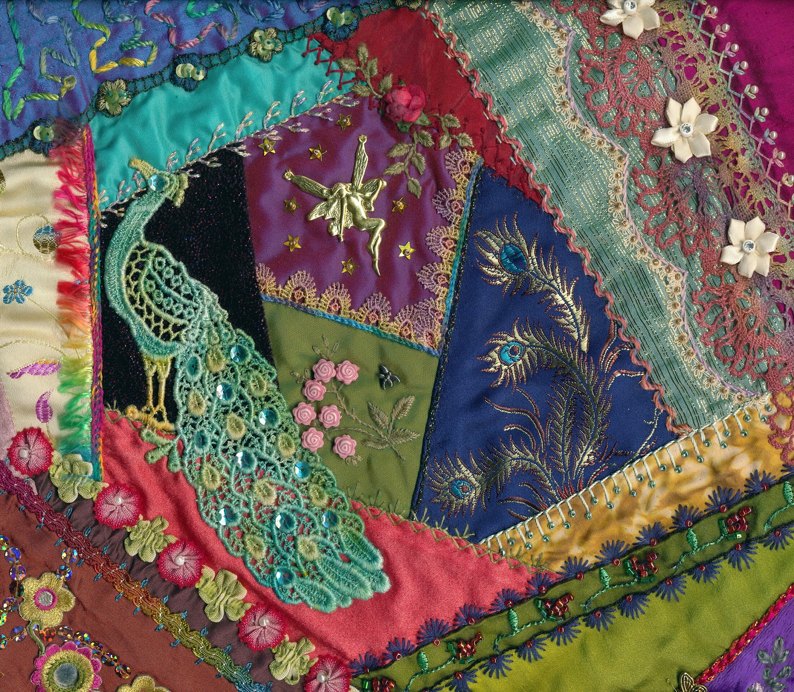 Viv's Crazy Quilting Journey: Four coloured Crazy Quilt blocks completed