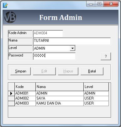 Belajar Visual Basic 6.0: Membuat Form Admin Di VB 6.0