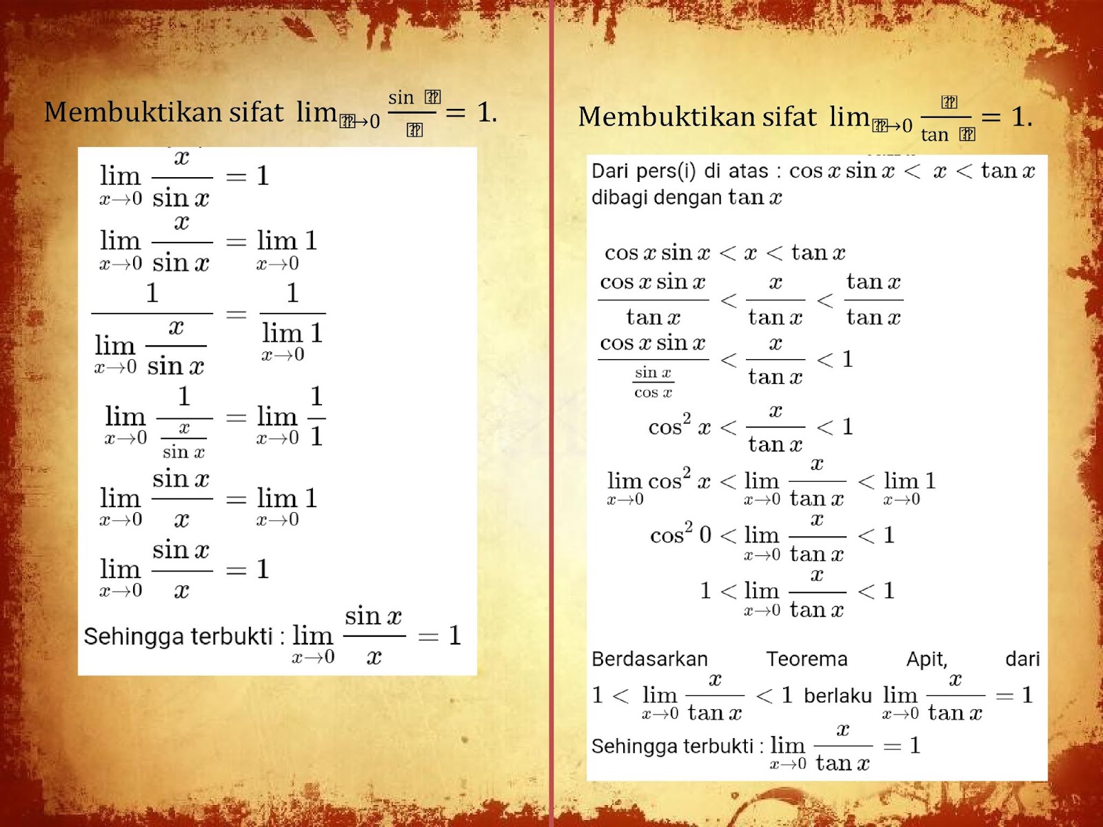 Pembuktian Sifat Limit Fungsi Trigonometri : Teorema Limit Apit