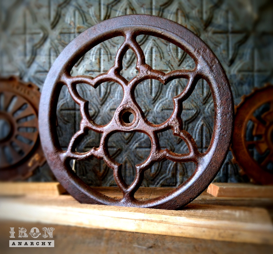 Ornate Antique Sewing Machine Wheel Sculpture