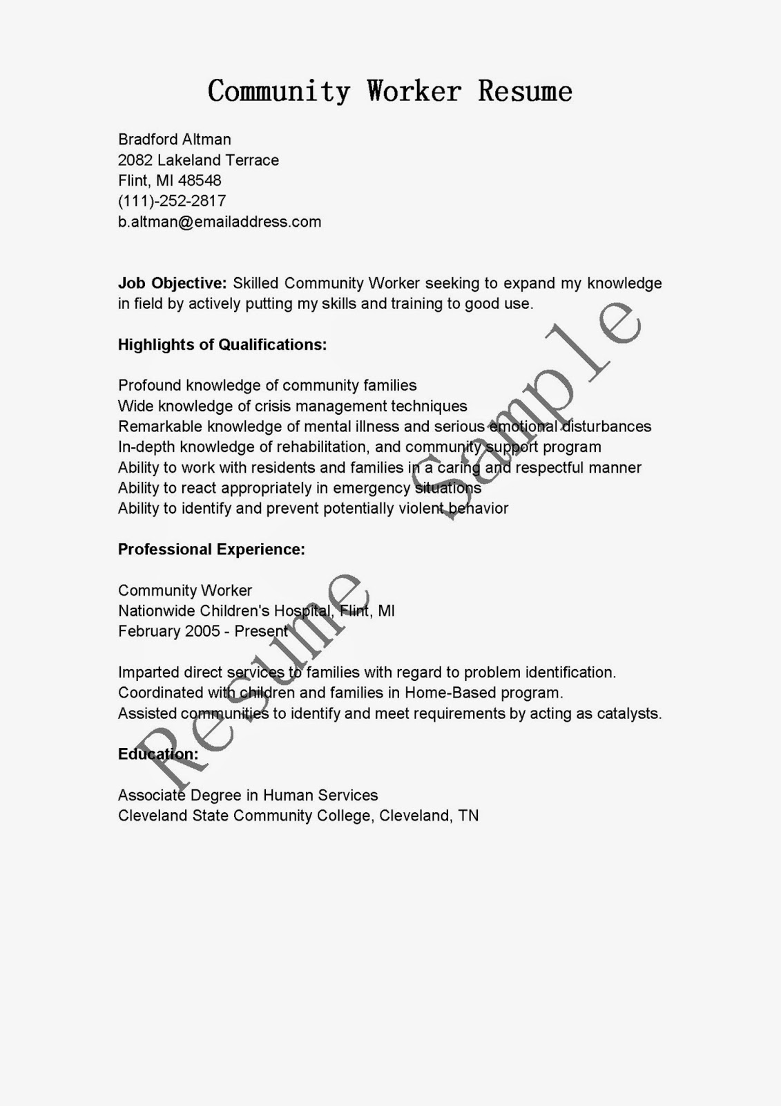 Resume Samples: Community Worker Resume Sample