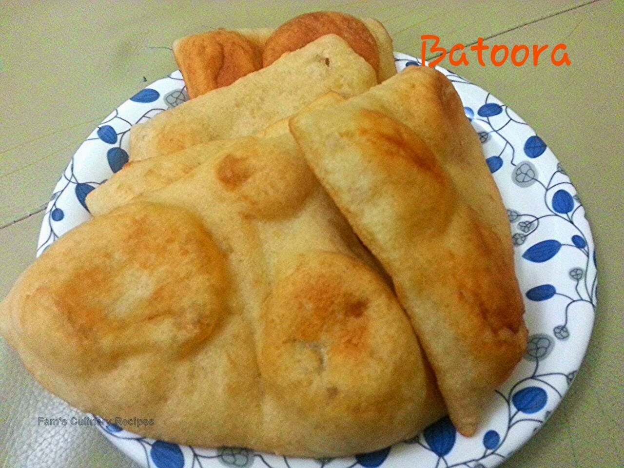 Fam's Culinary Recipes: Batoora - Deep fried Indian yeast bread.