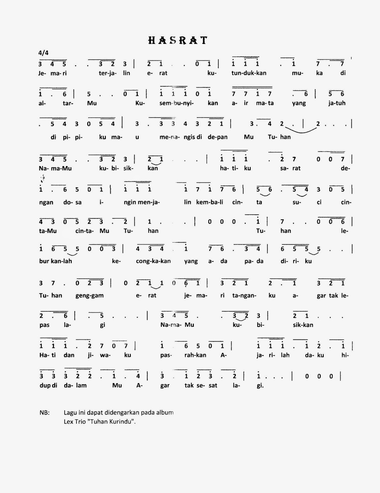 KOOR - HASRAT | Lengkap Partitur | Naposo Rohani