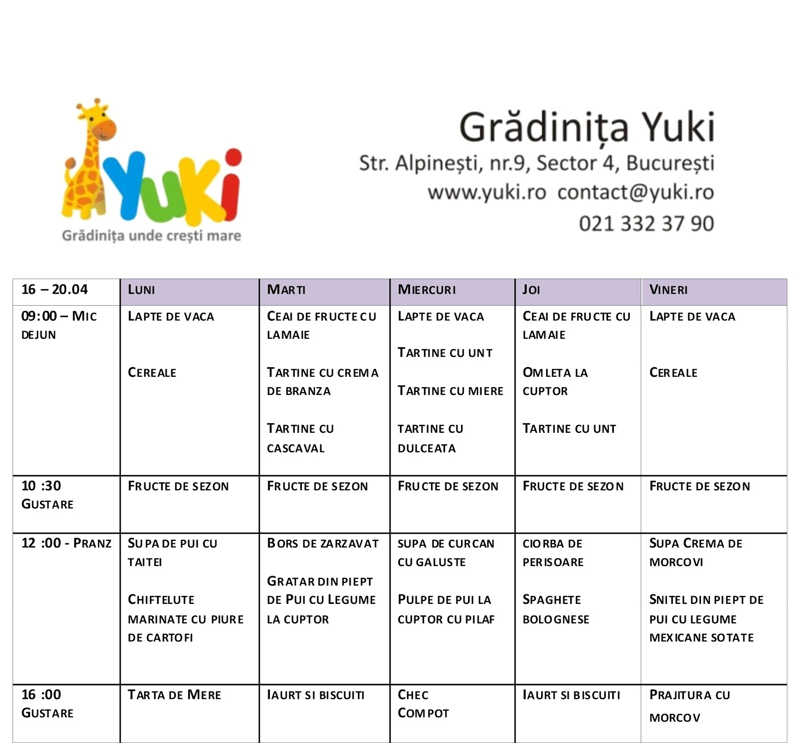 Gradinita Yuki: Meniu 17 - 20 aprilie