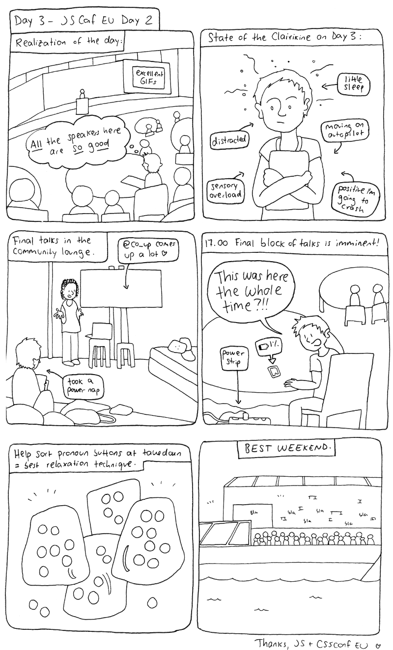 Clairikine Comics: CSSConf EU / JSConf EU 2018 Diary Comics