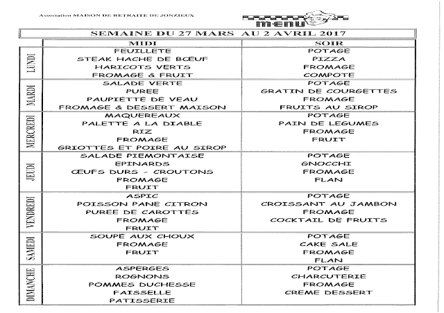 Animation Maison de Retraite "Au Fil de Soie" : menu du mois de mars