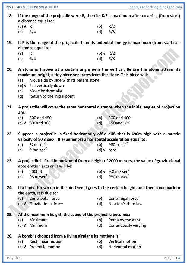 Adamjee Coaching: MCAT Physics [Projectile Motion] Mcqs for Medical ...