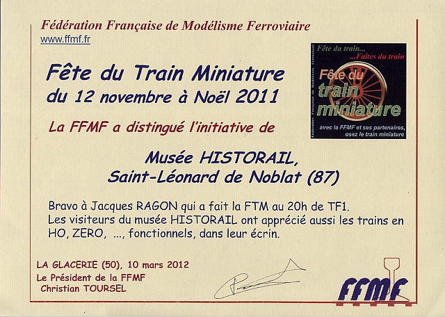 HistoRail®, musée du chemin de fer: Récompense de la FFMF pour la FTM