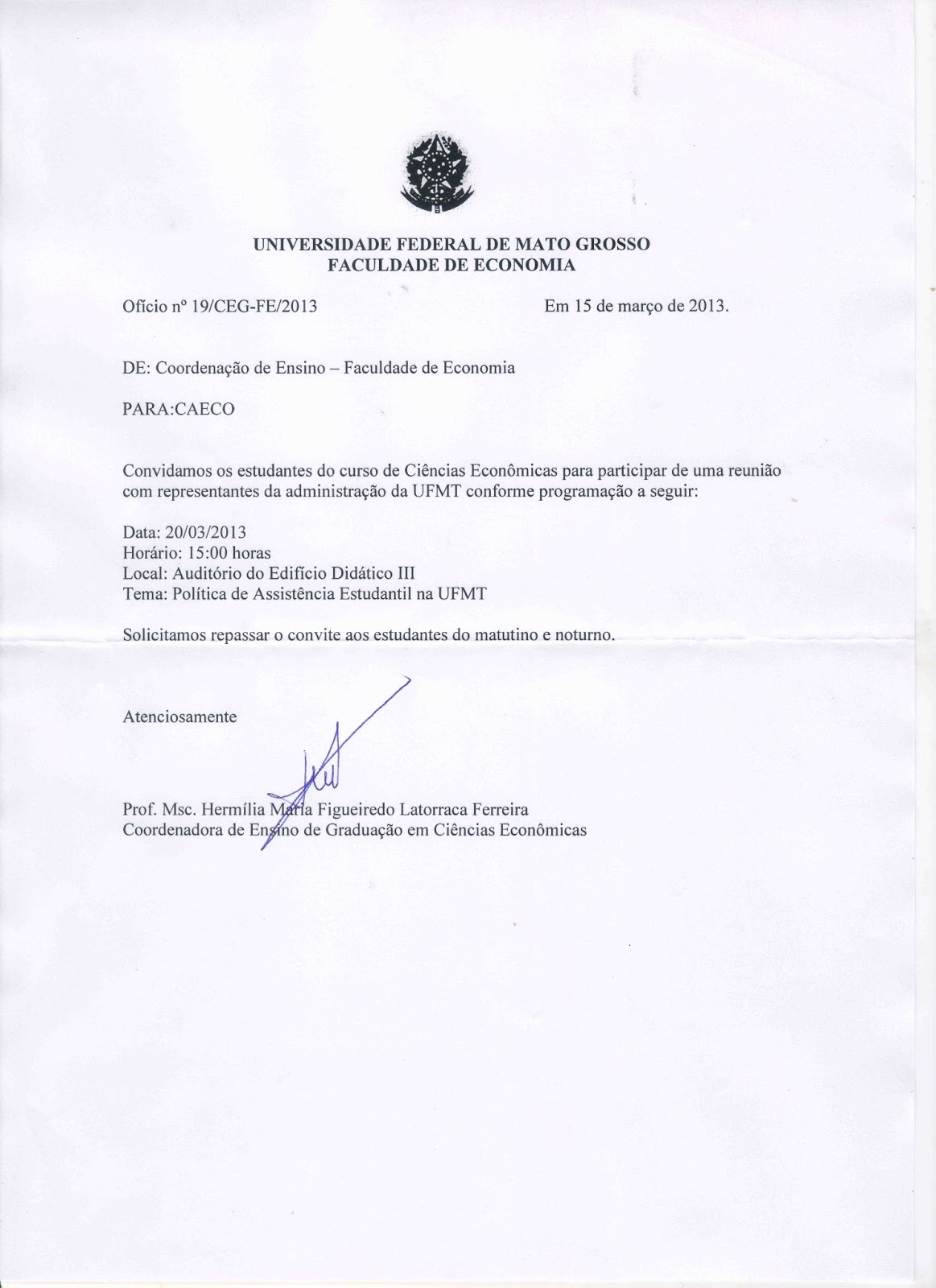 CAECO UFMT: Oficio Convite - Faculdade de Economia - Pró-reitoria