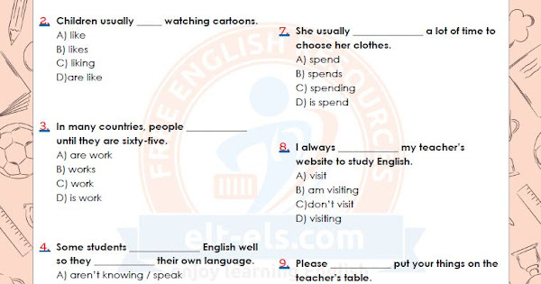 Present simple tense multiple choice test | www.elt-els.com