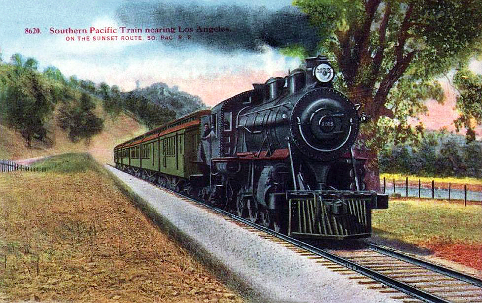 transpress nz: Southern Pacific steam passenger train nears LA