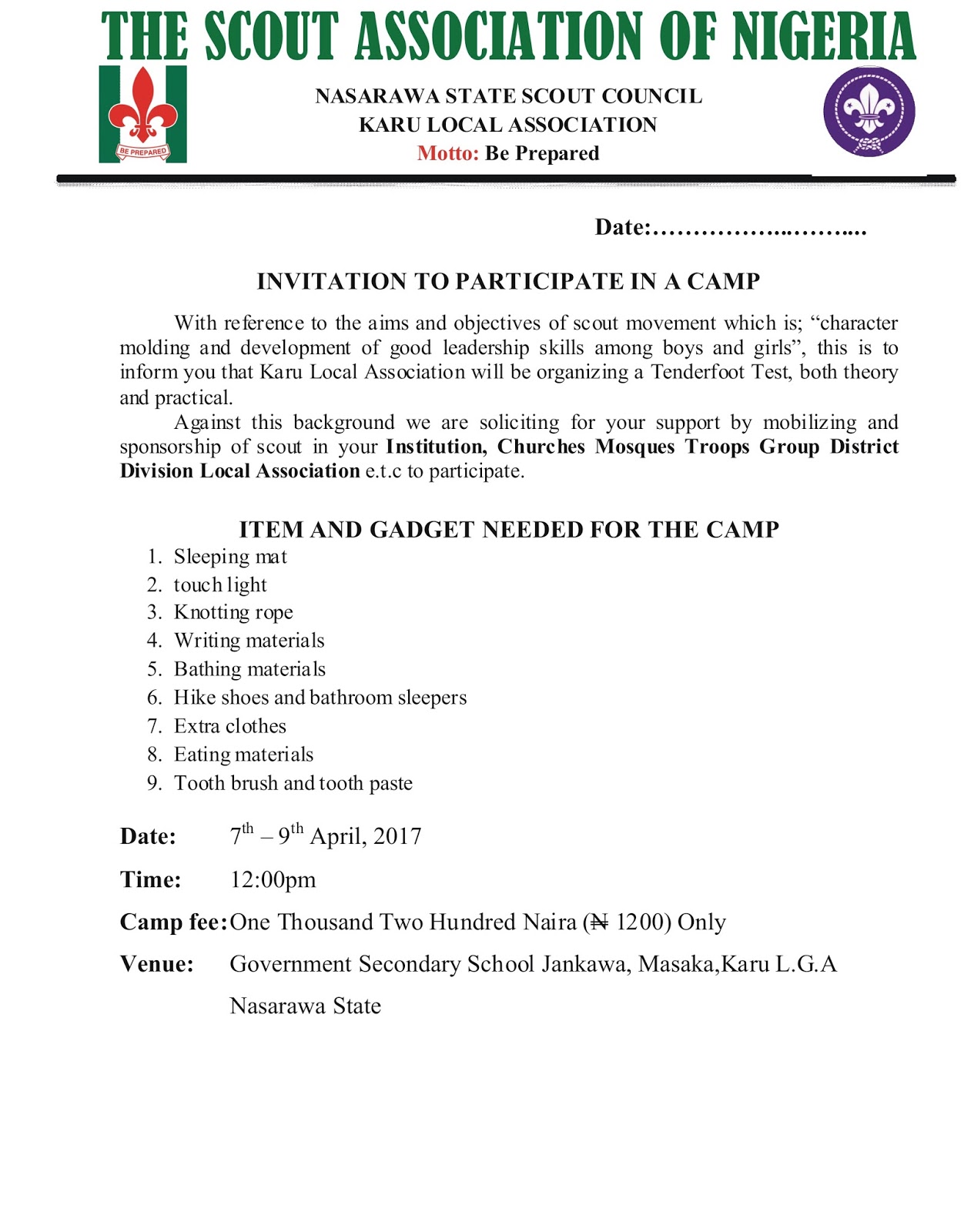 INVITATION TO PARTICIPATE IN A CAMP