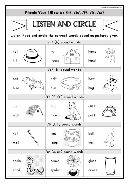 Phonic 16 : Phonemes /h/, /b/, /l/ /f/, /s/ worksheet ~ DIY Teaching Aids