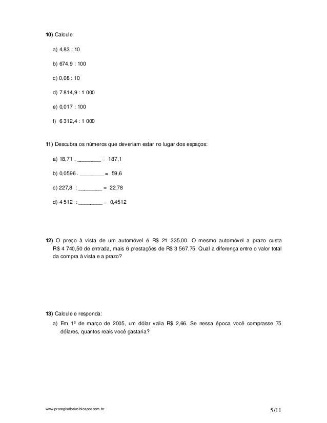 LISTA DE EXERCÍCIOS OPERAÇÕES COM NÚMEROS DECIMAIS. - Atividades de ...