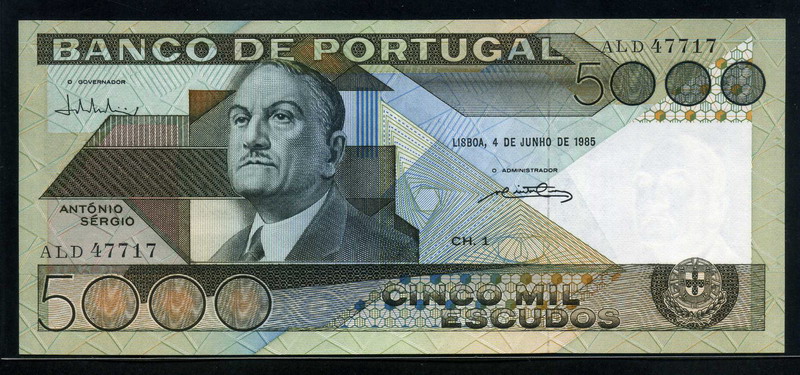 Portugal currency 5000 Escudos banknote 1985 António Sérgio de Sousa ...