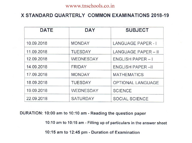 10th standard common quarterly exam time table 2018