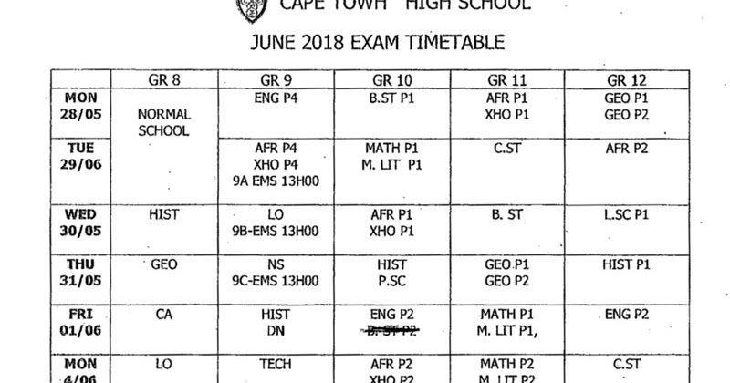Cape Town High School: CTHS June Exams Timetable - 14 May '18